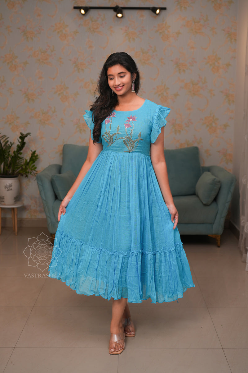 Coral blue mul cotton layered dress – Vastrasuka