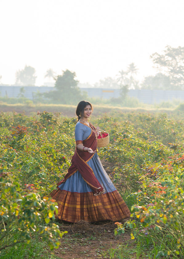 Ash & Maroon Handloom Half Saree – Vastrasuka