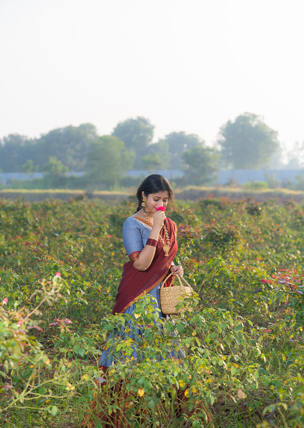 Ash & Maroon Handloom Half Saree – Vastrasuka