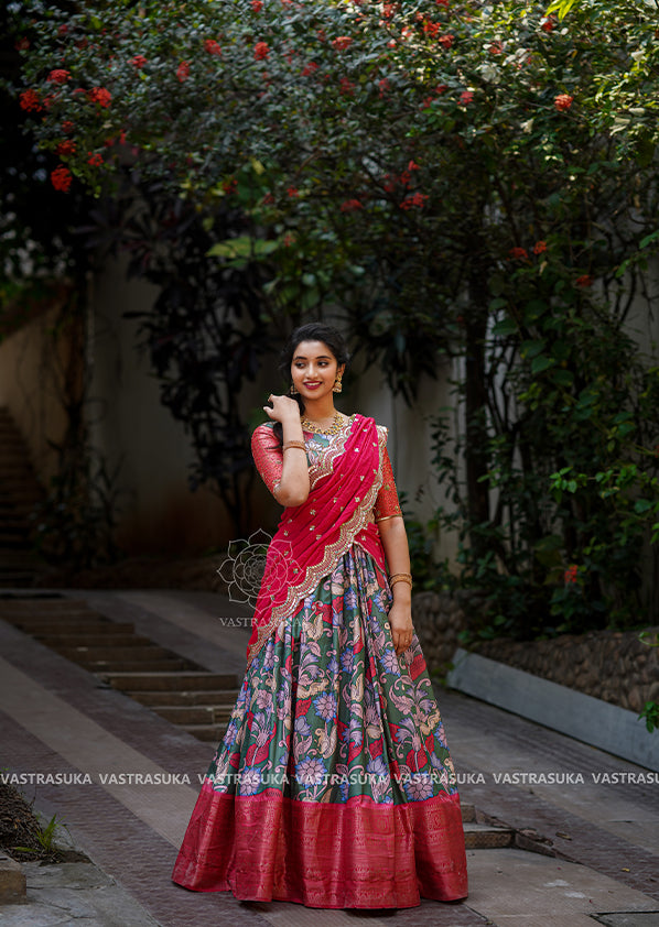 Mehandi green KalamKari Half Saree – Vastrasuka
