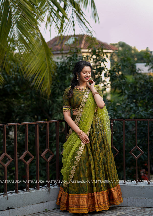 Mehandi Green Handloom Half Saree – Vastrasuka