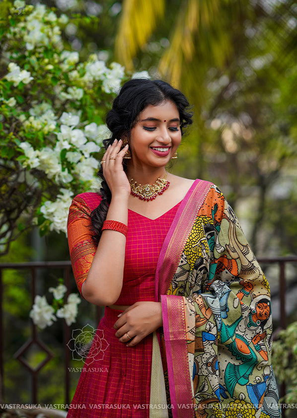 Hot Pink checks Half Saree with pen kalamkari dupatta – Vastrasuka