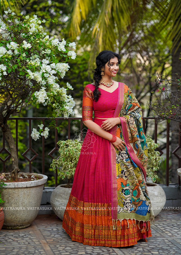Hot Pink checks Half Saree with pen kalamkari dupatta – Vastrasuka