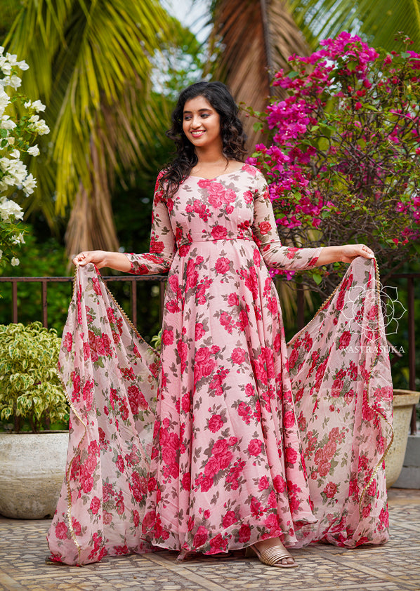 Light Pink Red Floral Long Dress – Vastrasuka